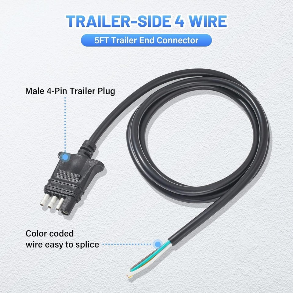 4 Way Trailer End Connector Wire 5 Feet Jacketed Cable, Heavy Duty ...