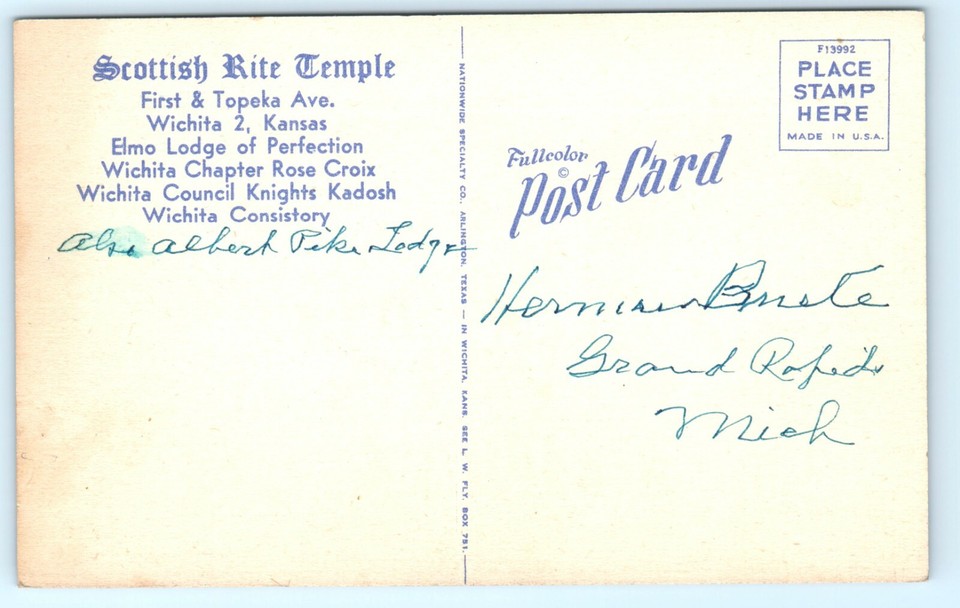 POSTCARD Scottish Rite Temple Wichita Kansas Elmo Lodge of Perfection ...