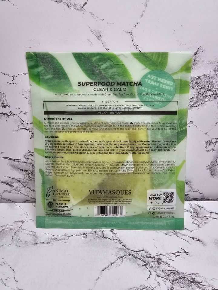 Vitamasques Superfood Matcha Clear & Calm Antioxidant Face Mask 1 Sheet ...