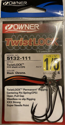 Owner Twistlock Bass Hook w/Centering-Pin Spring #1/0 Black Chrome 5/Pk ...