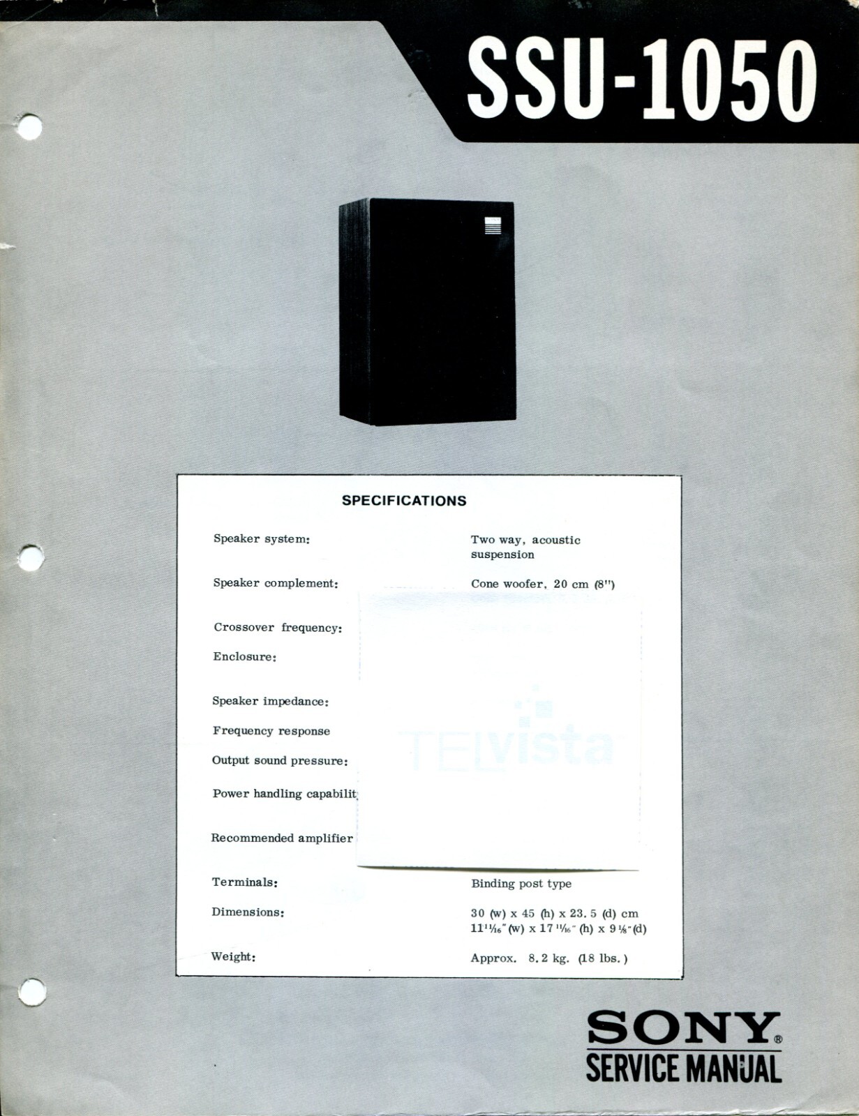 Sony Model SSU-1050 2 Way Speaker System Service Manual | eBay