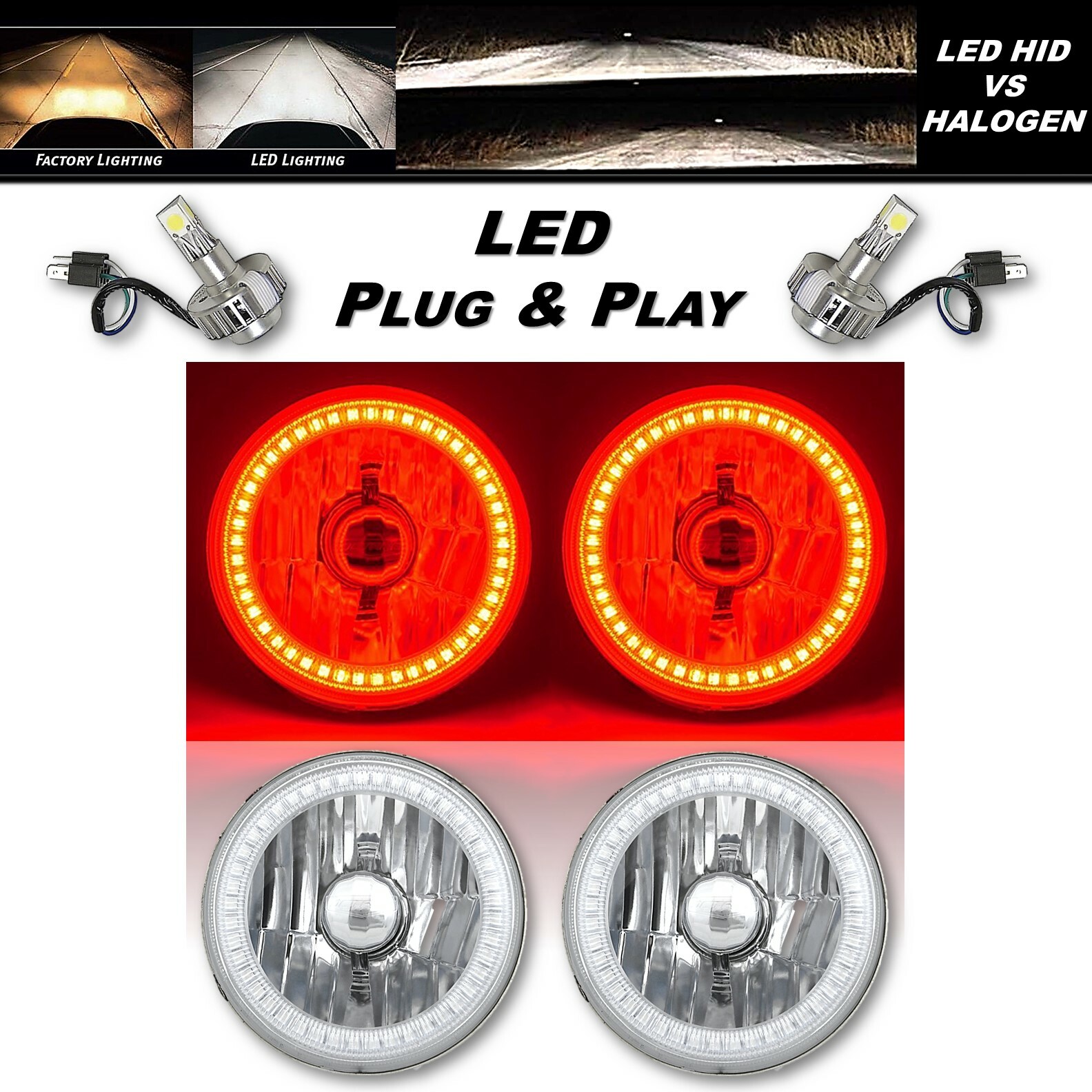 5-3/4" Red SMD LED Halo Angel Eye Crystal Clear Headlight & 6k LED Bulb ...
