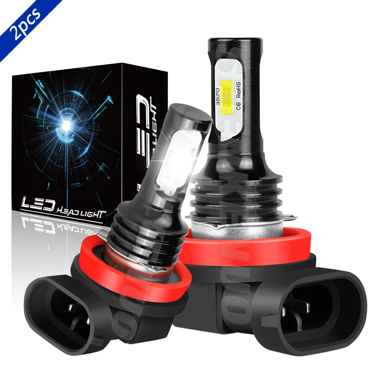 2x H11/H9 LED Headlight High Low Beam Fog Light Bulb 6000K Super Bright ...