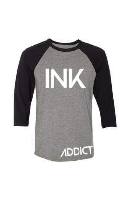 NEW InkAddict INK UNISEX Baseball LS Tee Shirt GREY/BLACK/WHITE SMALL ...