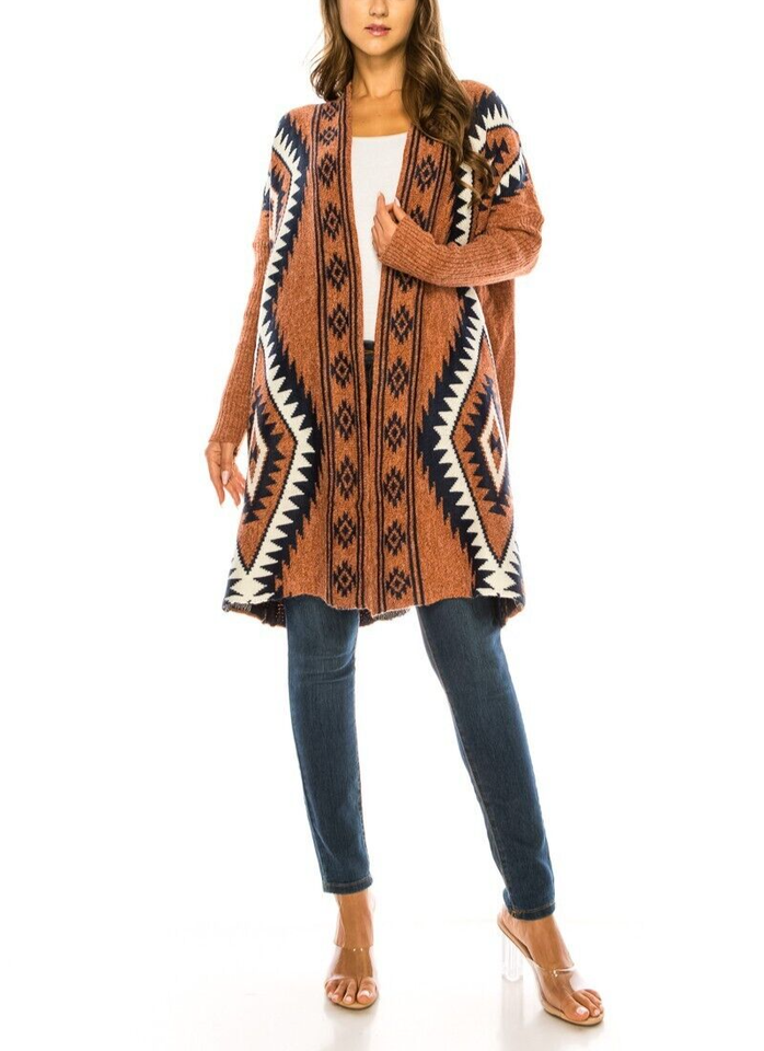 Boho Aztec Tribal Southwestern Print Knit Cardigan Sweater Duster Top S ...