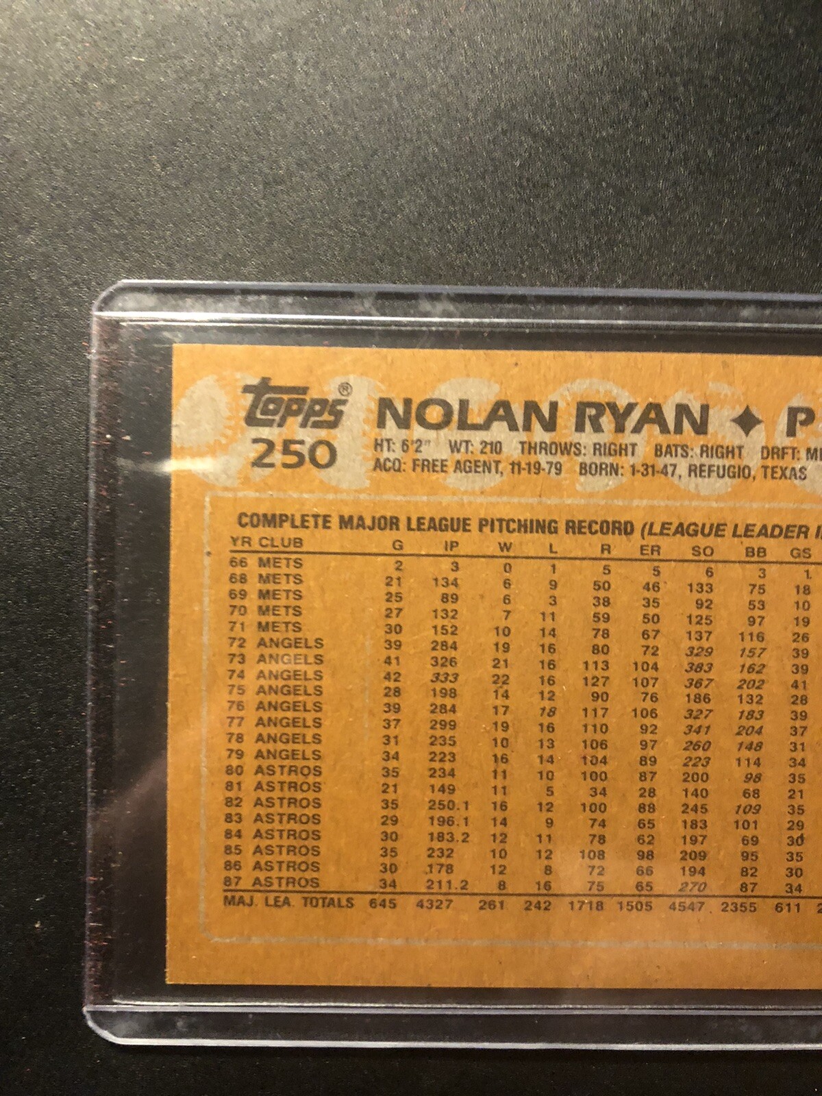1988 Topps Nolan Ryan Houston Astros #250 Baseball Card ERROR MISPRINT ...