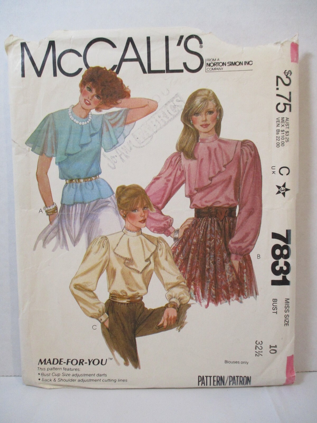 Vintage McCall's Pattern 7831 Misses Size 10 32 1/2" Pullover Blouse ...