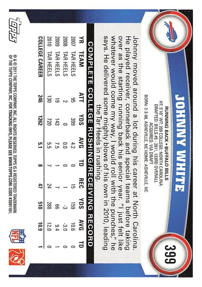 2011 Topps #399 Johnny White Buffalo Bills | eBay