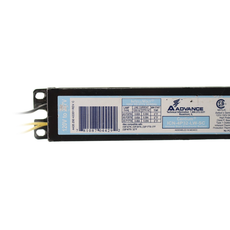 ADVANCE ICN-4P32-LW-SC FLUORESCENT BALLAST, 4-LAMP, F32T8, 32W T8, 120 ...