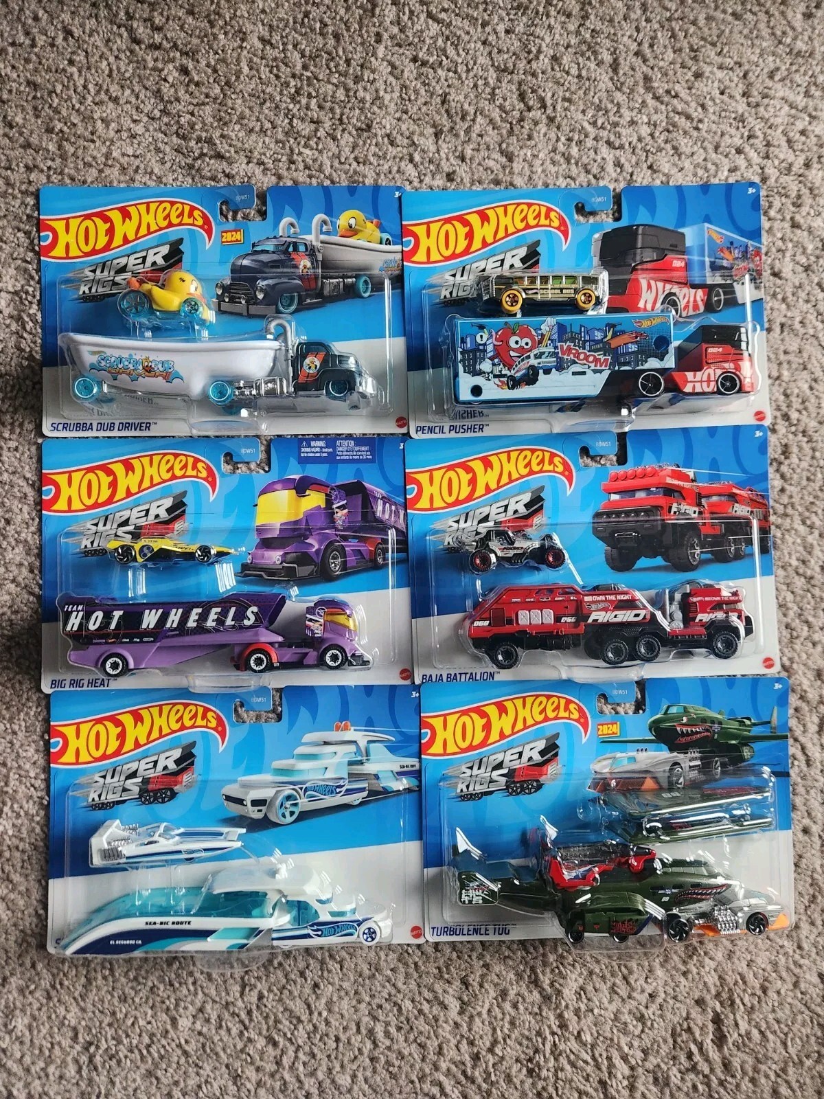 Hot Wheels 2024 Super Rigs Set Of 6 Scrubba Dub Driver/Turbolence Tug ...