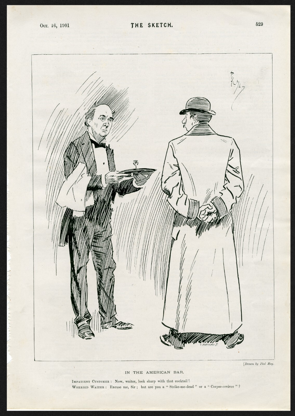 IN THE AMERICAN BAR WORRIED WAITER IMPATIENT CUSTOMER PHIL MAY 1901 ...