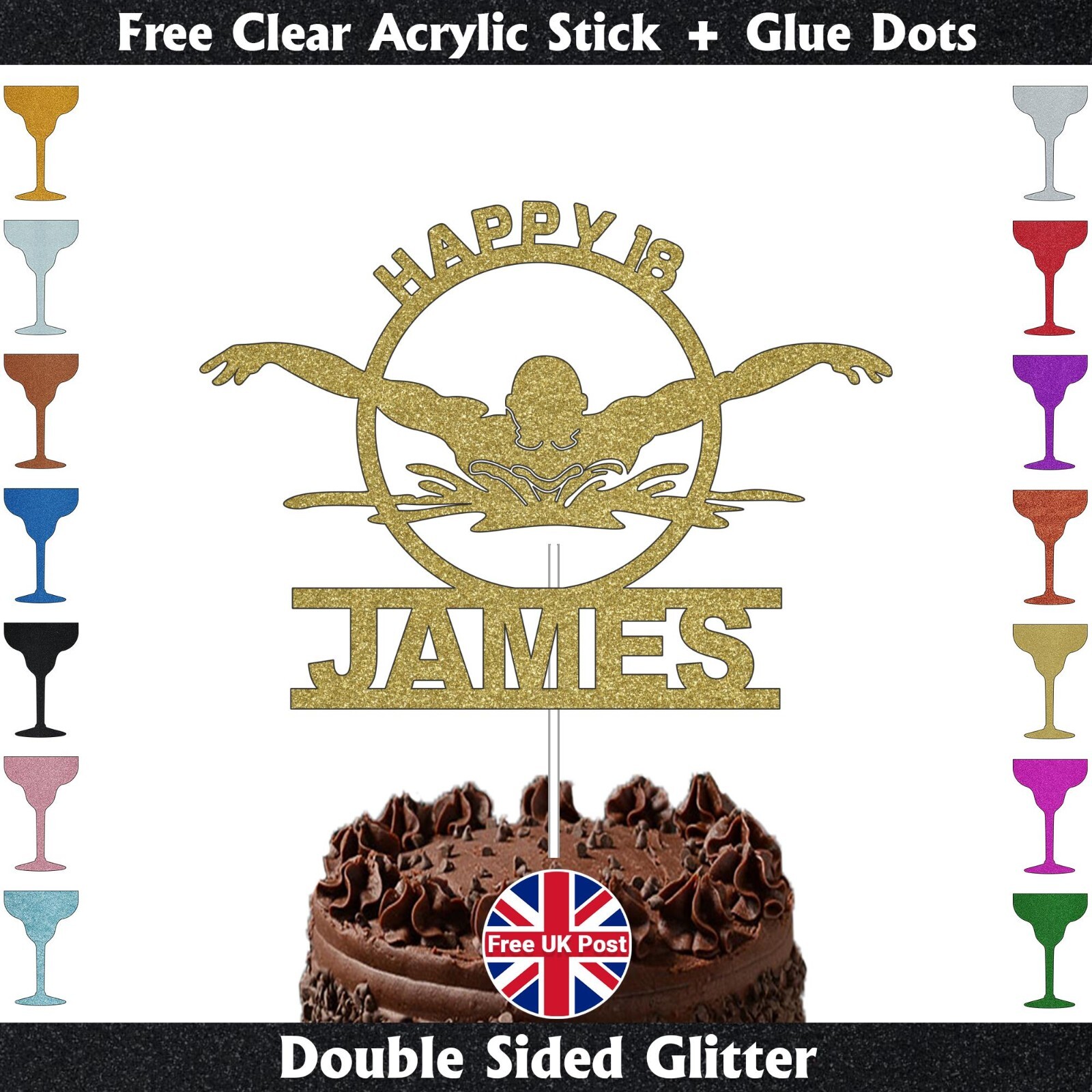 Swimmer Cake Topper Glitter Personalised Birthday Cake Decor Any Name ...