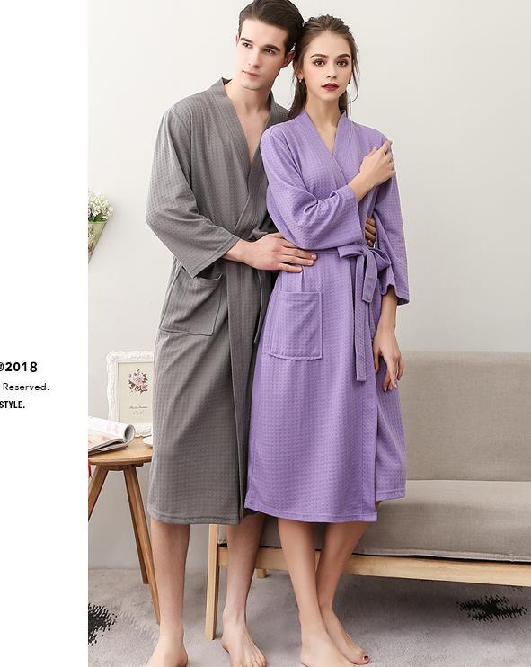 Cotton Grid Lace Up Pocket Couples' Thin Bathwear Bathrobe Sleep Robe ...