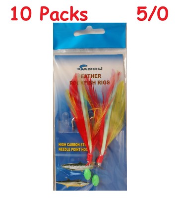 10 Packs 5/0 Rock Cod Feather Rigs 2 Hooks Red/Yellow Feather Rockfish ...