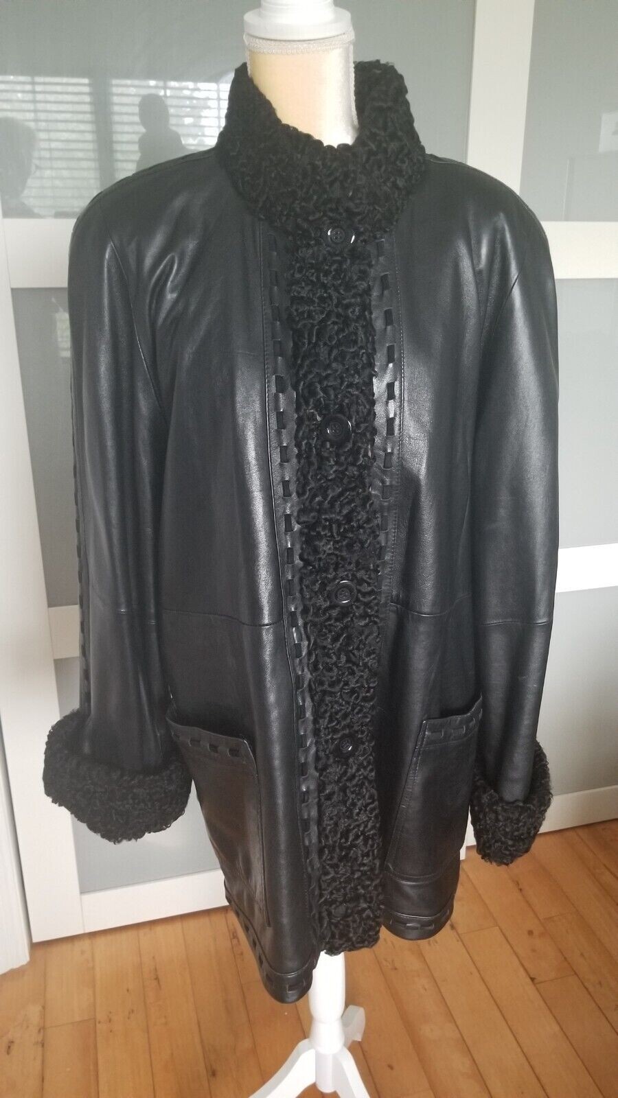 Vintage Black lamb skin leather coat with Persian lam… - Gem