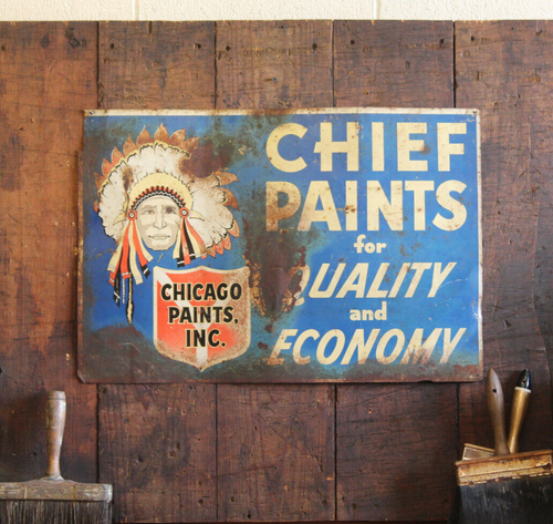 Vtg Industrial 26x18 Tin Sign Chief Paints Advertising Chicago American ...