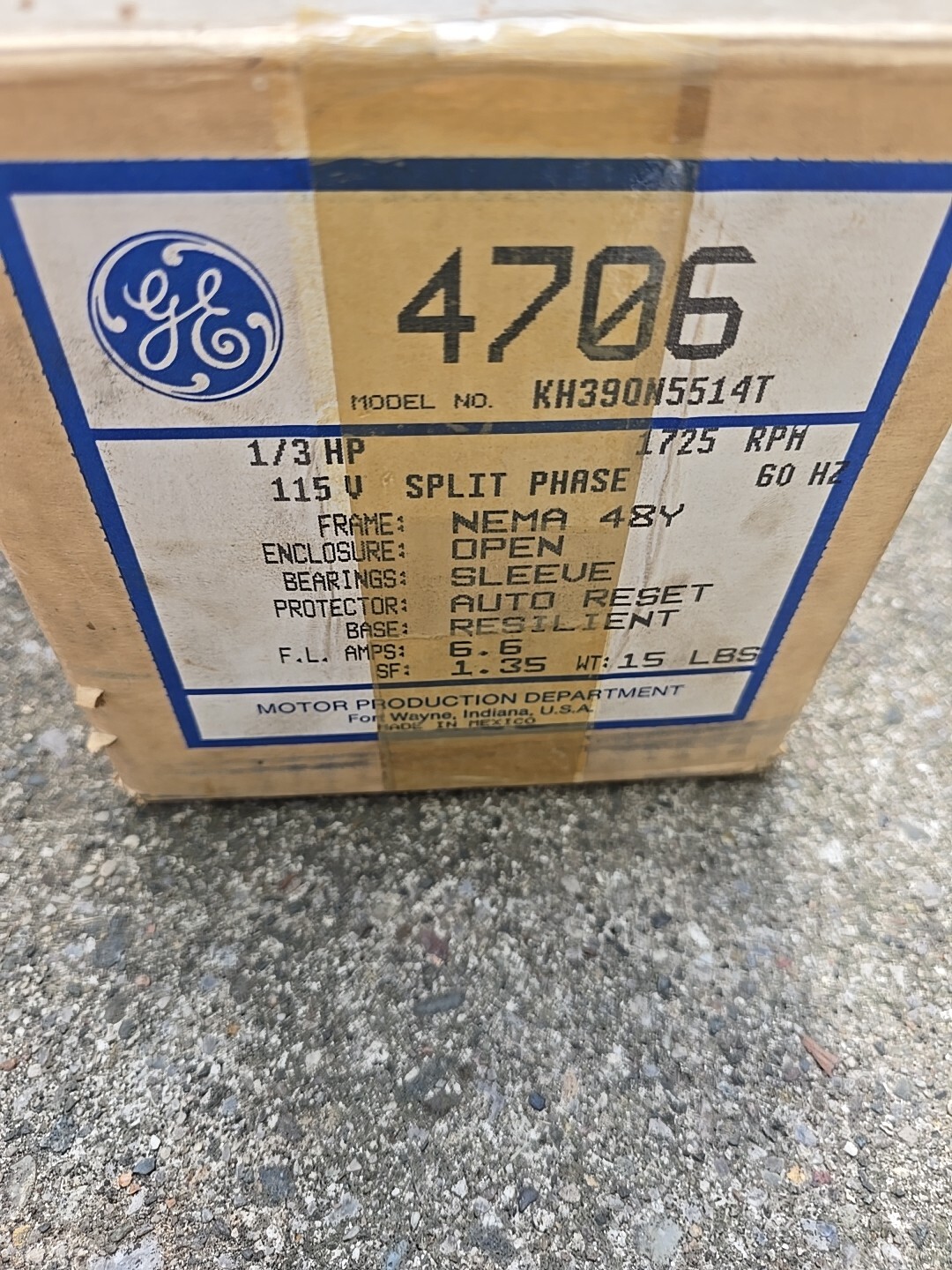GE 4706 Motor 1/3 HP 115V 1725 RPM KH390N5514T 48Y NEW blower fan ...