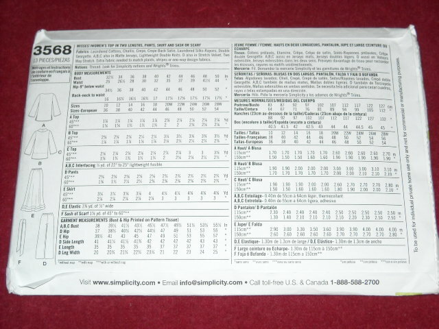💐 SIMPLICITY #3568 - LADIES TWO LENGTH TOP-PANTS-SKIRT-SCARF PATTERN 10 ...