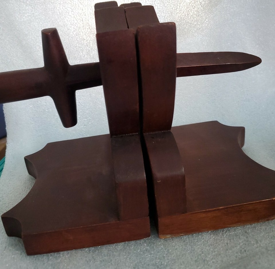 Vintage Wood & Sword BOOKENDS w/ Dagger, Knife Blade, Fantasy Knight ...