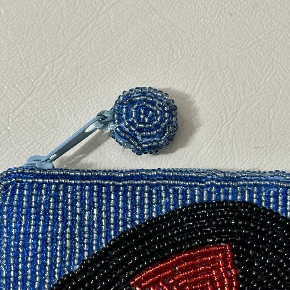 Vtg Glass Seed Bead Coin Purse Black Cat Red Bow Blue Wallet Fully ...