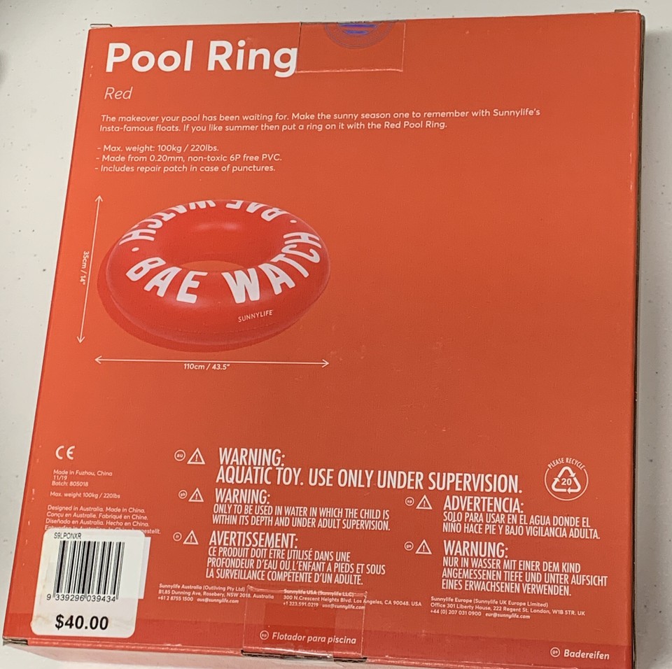 NEW SUNNYLIFE GIANT 45.5” RED BAE WATCH POOL RING FLOAT 9339296039434| eBay