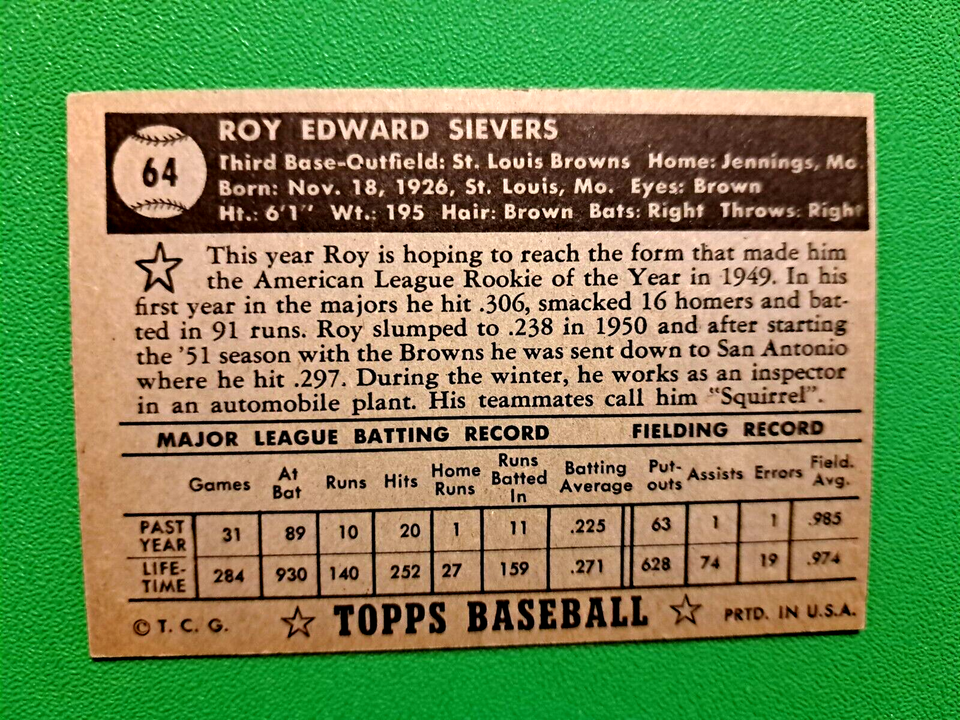 1952 Topps Roy Sievers #64 St. Louis Browns CREASE SHARP CORNERS BV ...