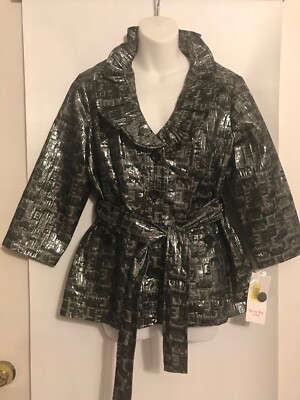 Ruby Rd. 12P Lightweight Unlined Black Metallic Silver Belted Jacket ...