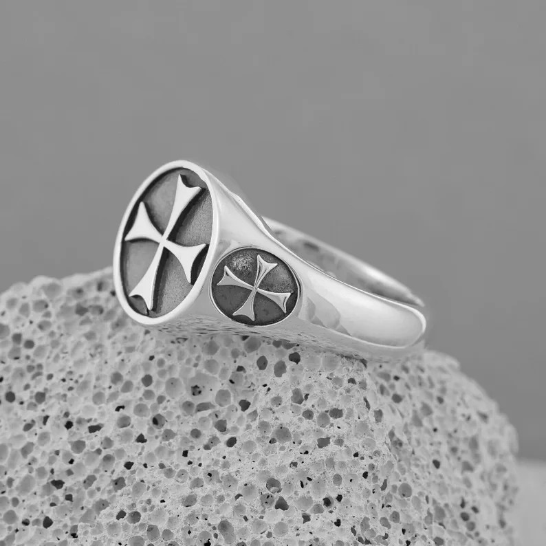 Knights Templar Jewelry Cross Signet Oxidized Silver Pinky Ring, Gift ...