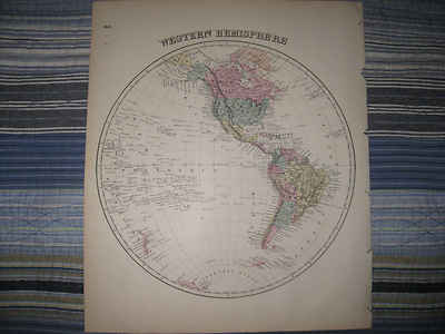 MINT ANTIQUE 1876 WESTERN HEMISPHERE WORLD HANDCOLOR MAP HAWAII UNITED ...