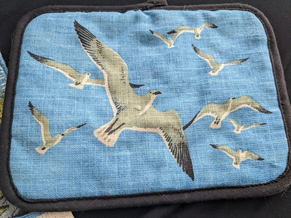 Vtg Kay Dee Handprints Linen Dishtowel & Potholder Set Ocean Birds ...