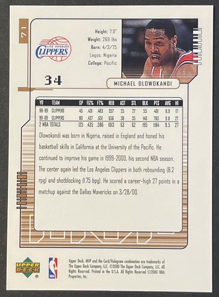 2000-01 Upper Deck MVP Clippers Basketball Card #71 Michael Olowokandi ...