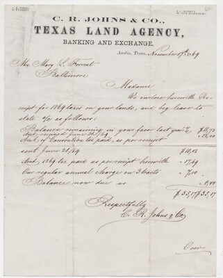 1869 Letterhead & Letter from C.R. Johns & Co Texas Land agency Austin ...