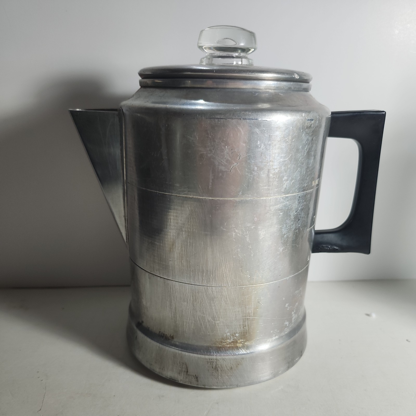 Vintage 9 Cup Aluminum Coffee Pot Percolator Glass Knob Top Camping ...