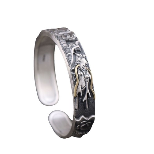 Pure S999 Sterling Silver Vintage Dragon Mens Bracelet Bangle OPEN-CUFF ...