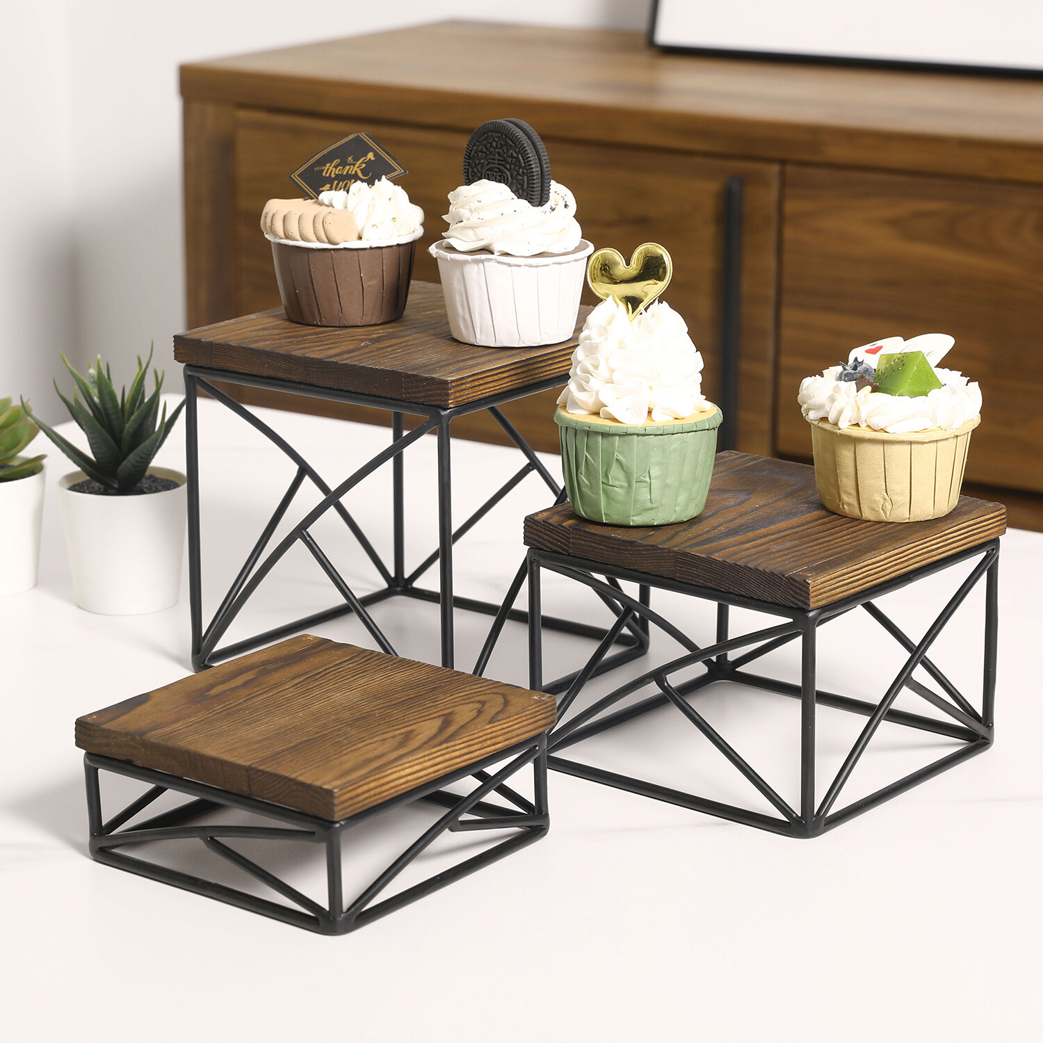 Square Dark Brown Wood & Black Metal Wire Nesting Food Display Risers ...