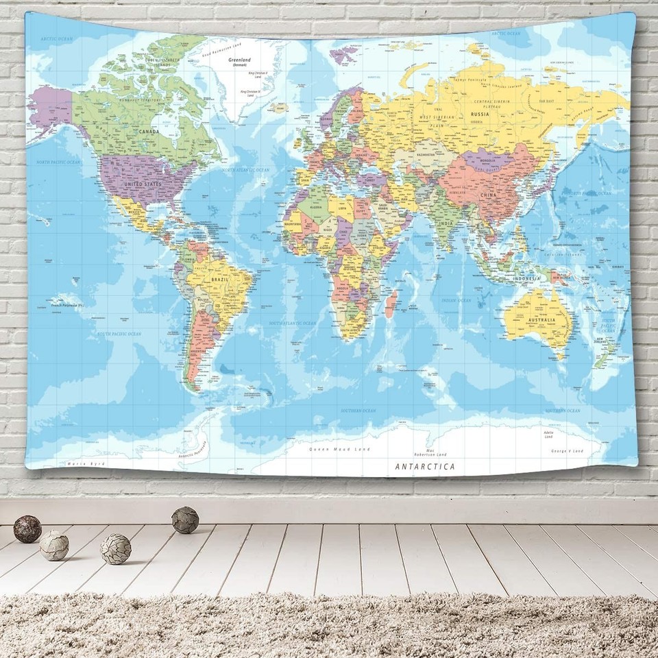 World Map Tapestry Wall Hanging for Kids & Students - Educational Decor ...