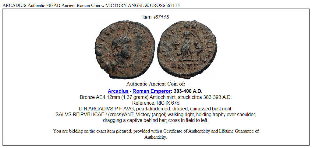 ARCADIUS Authentic 383AD Ancient Roman Coin w VICTORY ANGEL & CROSS ...