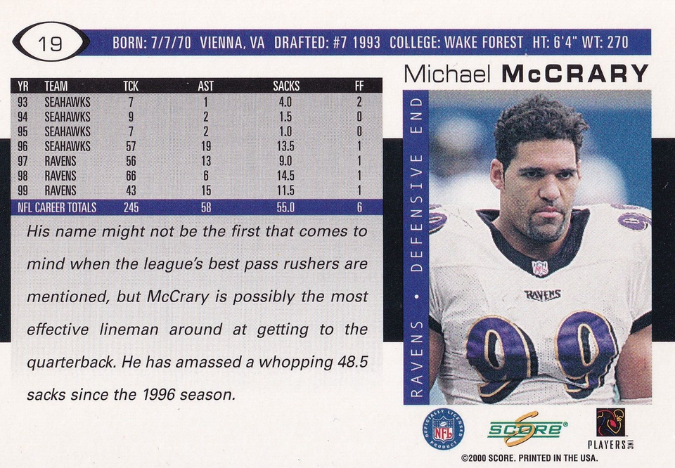 2000 Score #19 Michael McCrary NFL Baltimore Ravens + (Yes 4 Free ...