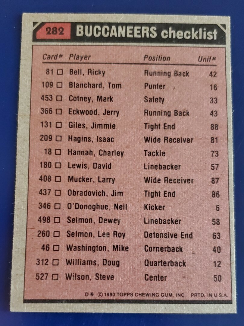 1980 Topps Buccaneers Team Leaders Lee Roy Selmon, Isaac Hagins, Ricky ...