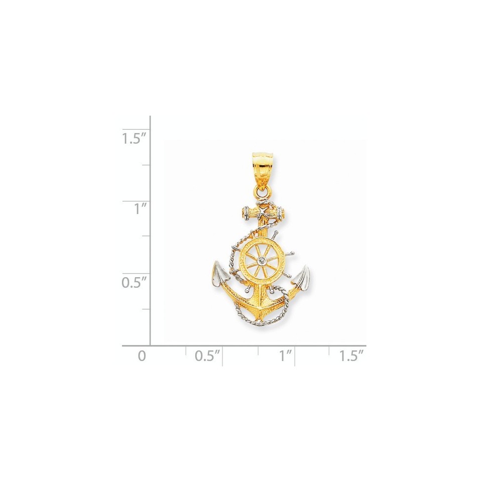 14K YELLOW & WHITE GOLD POLISHED SOLID TEXTURED ANCHOR WITH ROPE CHARM ...