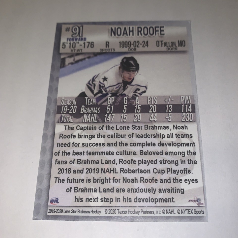 2019-20 NAHL Lone Star Brahmas Hockey Card Noah Roofe | eBay