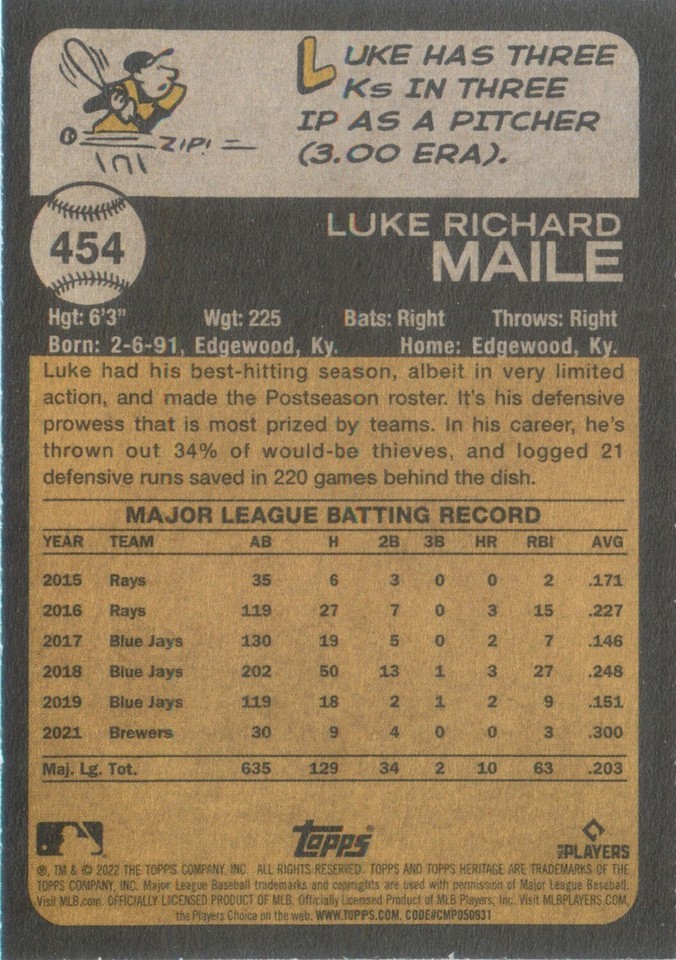 Luke Maile 2022 Topps Heritage Baseball Card #454 Milwaukee Brewers MLB ...