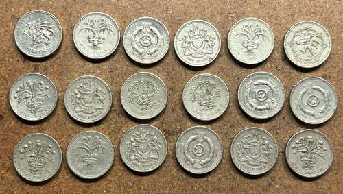 18 British England UK 1 Pound Coin LETTERED EDGES 1983-2001 5 UPSIDE ...