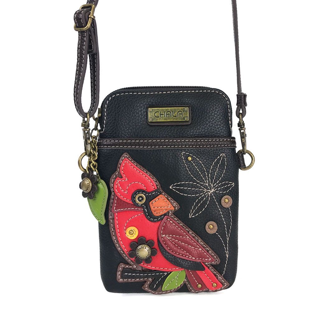 NWT CHALA BLACK RED BIRD CARDINAL CELL PHONE CROSSBODY PURSE ADJUSTABLE ...