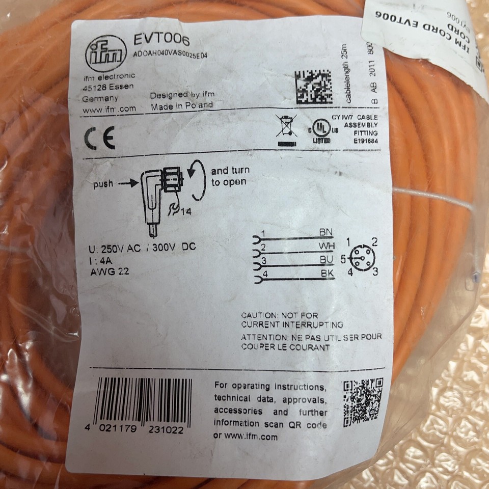 FACTORY SEALED- IFM ADOAH040VAS0025E04 EVT006 Connecting Cable w/Socket ...