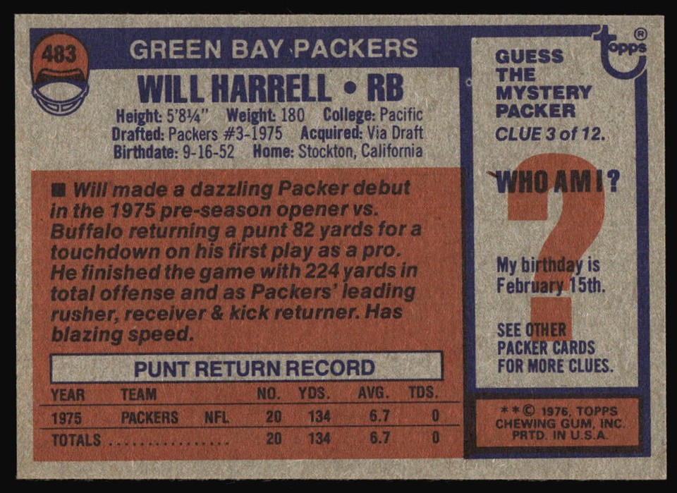 1976 Topps Will Harrell Rookie #483 Green Bay Packers | eBay