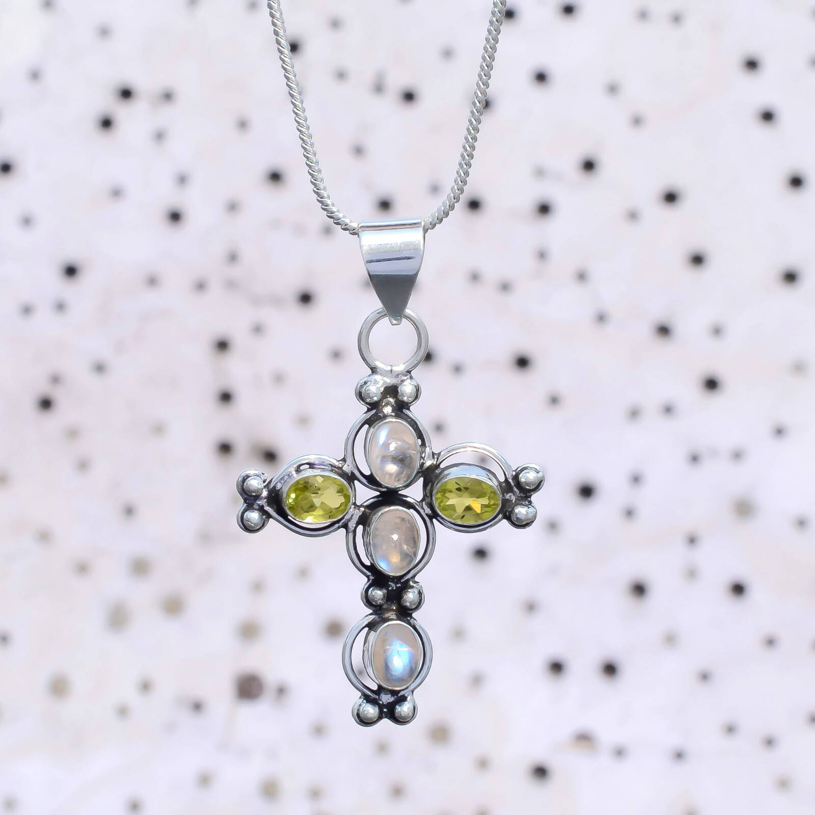 925 Sterling Silver Rainbow Moonstone, Peridot Gemstone Jewelry Cross ...