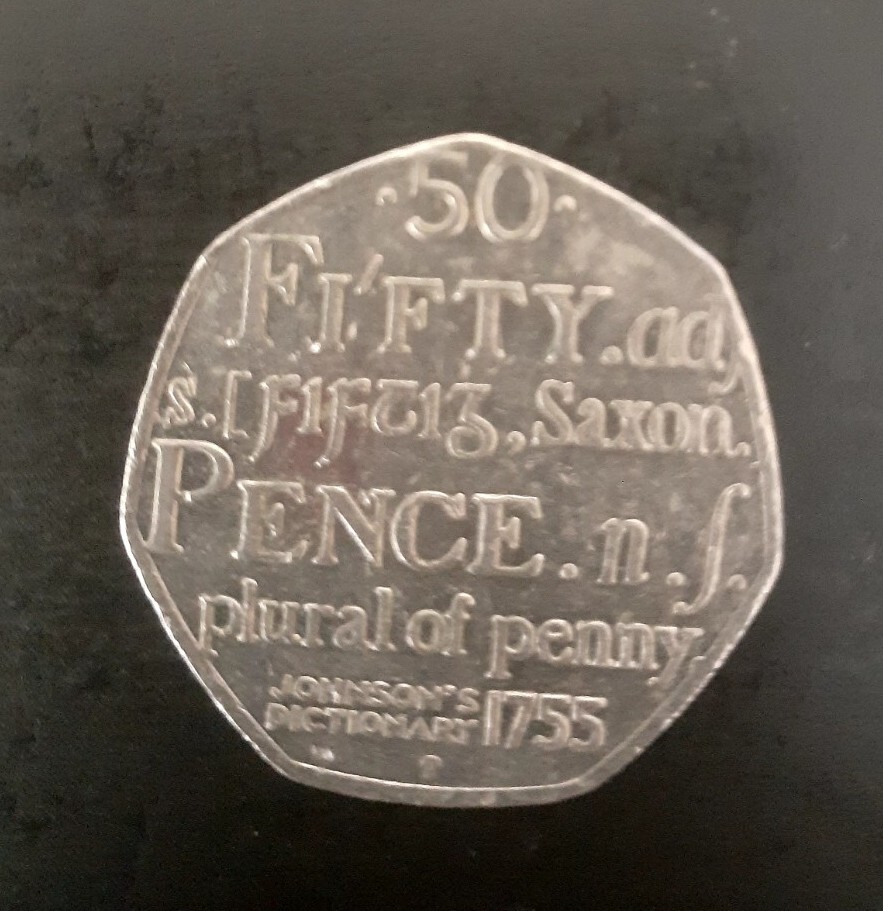 Rare 50p Fifty Pence Coin Johnson's Dictionary 1755 Saxon Plural Of ...
