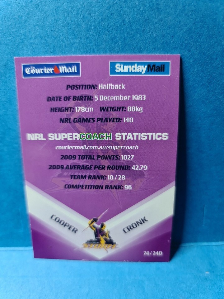 Cooper Cronk🏆2010 Sunday Mail STORM #74 Rugby League NRL Card🏆FREE POST ...