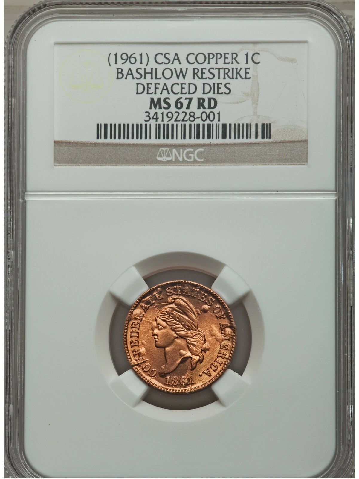 (1961) 1C CSA Bronze, Bashlow Restrike Token, Defaced Dies MS67RD NGC ...